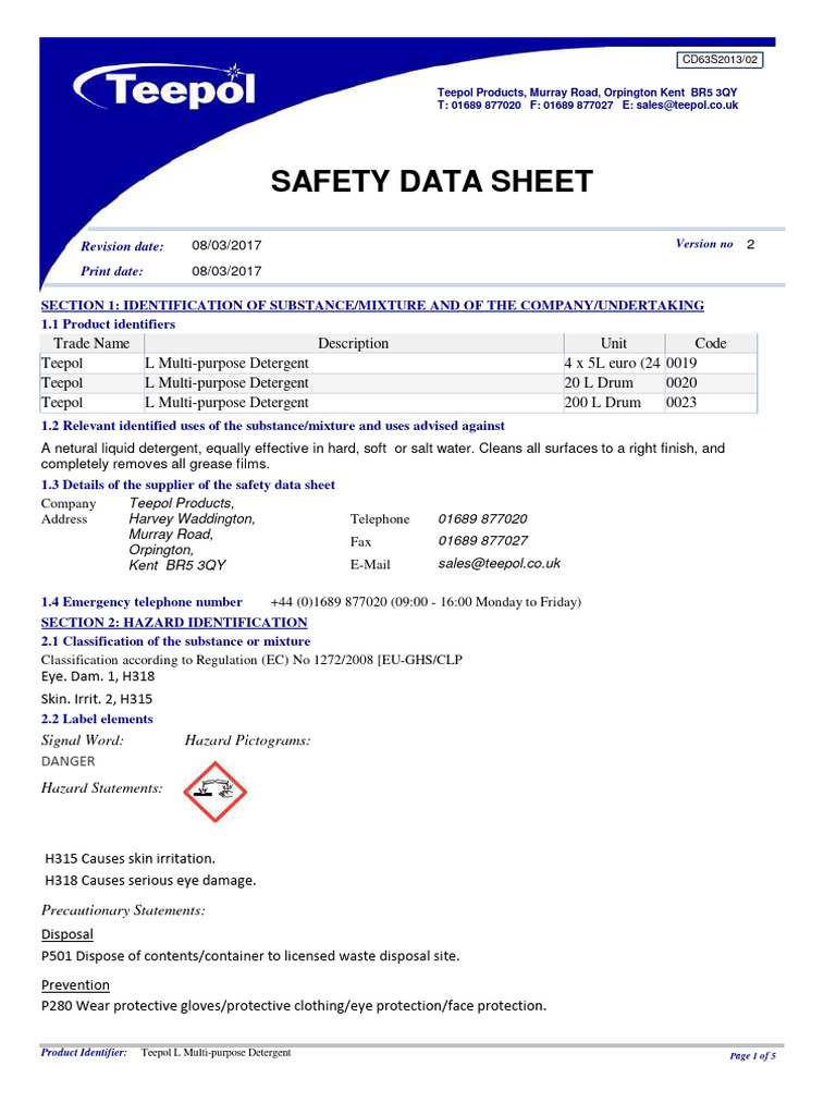 MSDS Teepol | PDF | Toxicity | Personal Protective Equipment
