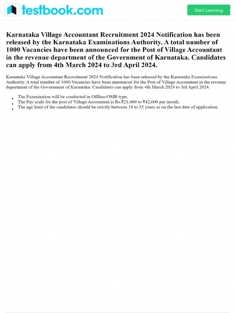 Karnataka Village Accountant Recruitment 2024exam Info | PDF