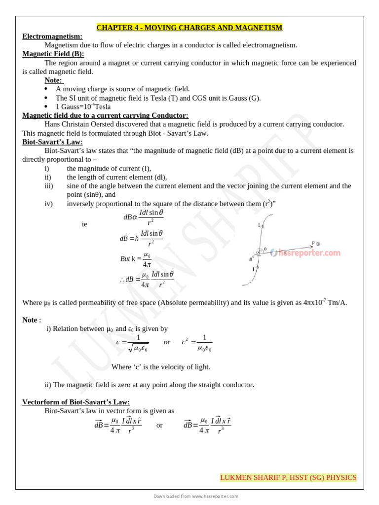 Hssreporter - Com - +2 Chapter 4 - Movng Chgs and Magntism-2023 | PDF | Magnetic Field ...