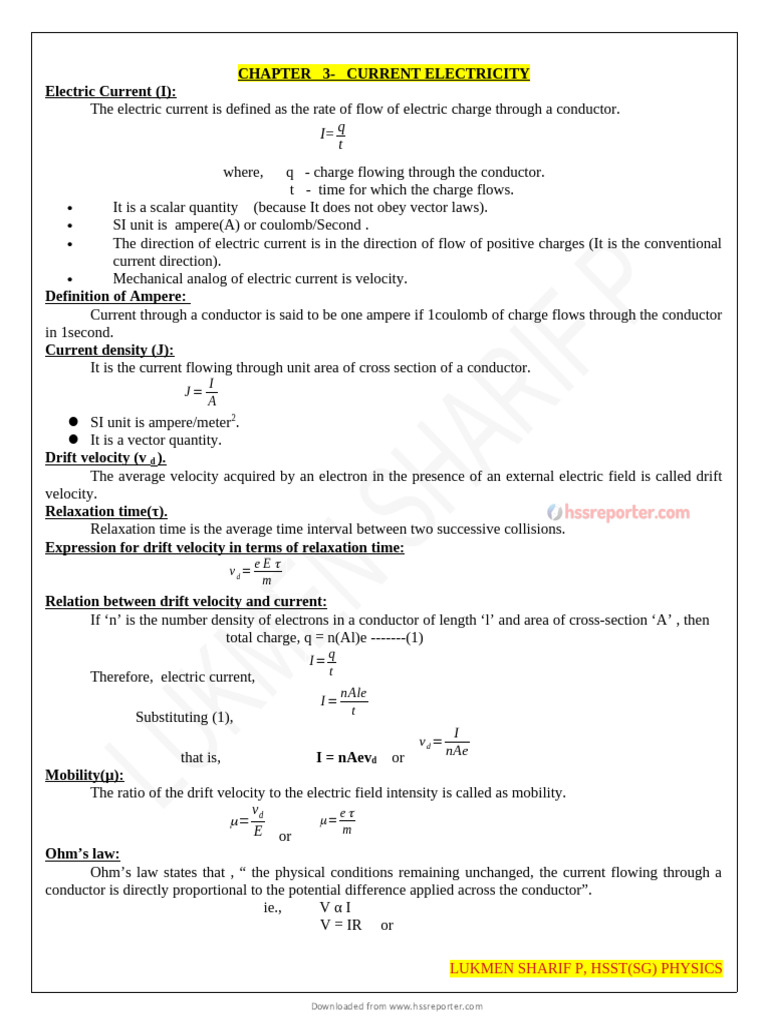 Hssreporter•Com_+2 Chapter 3 - CURRENT ELECTRICITY-2023 | Download Free PDF | Electrical ...