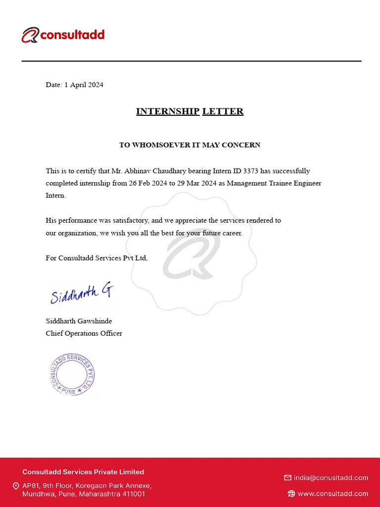 ConsultAdd Internship Letter | PDF