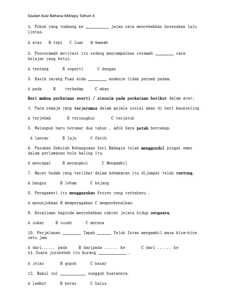Soalan Kuiz Bahasa Melayu Tahun 4 | PDF