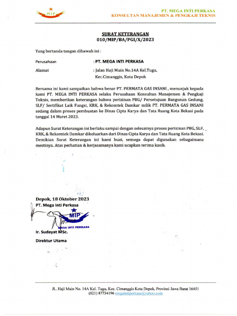 Surat Ket SLF & PBG Sedang Dalam Proses Pengajuan Distaru | PDF