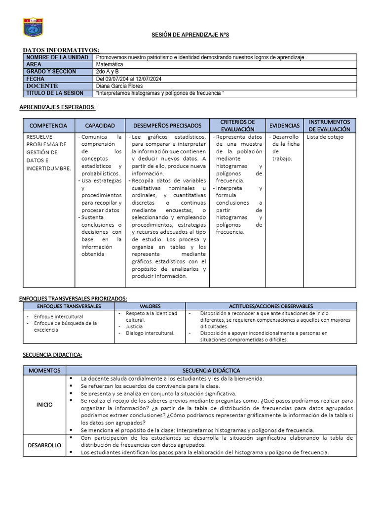 SESIÓN de APRENDIZAJE Matemática - N8 Histograma y Poligono de Frecuencia | PDF | Histograma ...