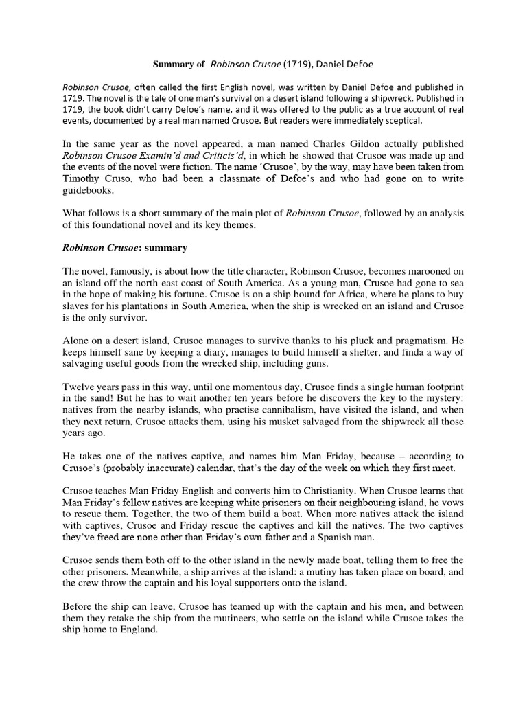 Summary of Robinson Crusoe by Defoe | PDF | Robinson Crusoe | Daniel Defoe