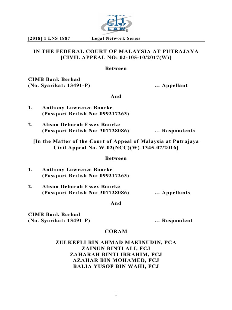 CIMB Bank Berhad V Anthony Lawrence Bourke and Anor Federal Court | PDF ...