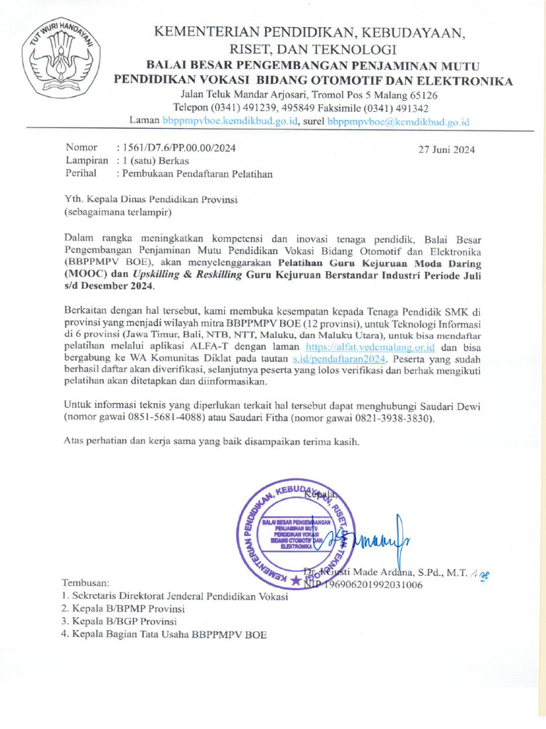 Pendaftaran - Pelatihan - BBPPMPV BOE - 2024 | PDF