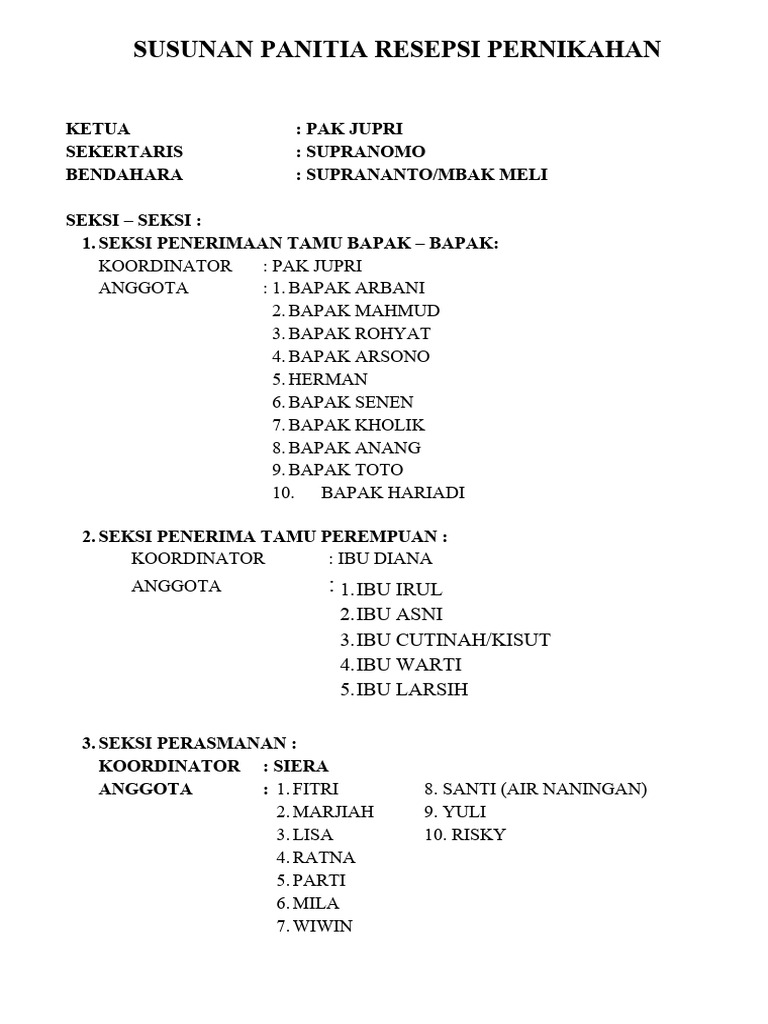 SUSUNAN PANITIA RESEPSI PERNIKAHAN | PDF
