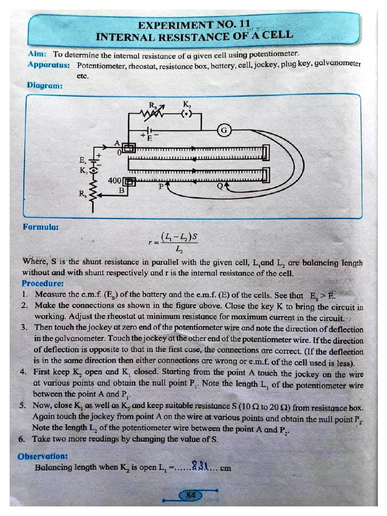Physics Exp. 11 (Internal Resistance of Cell) | PDF