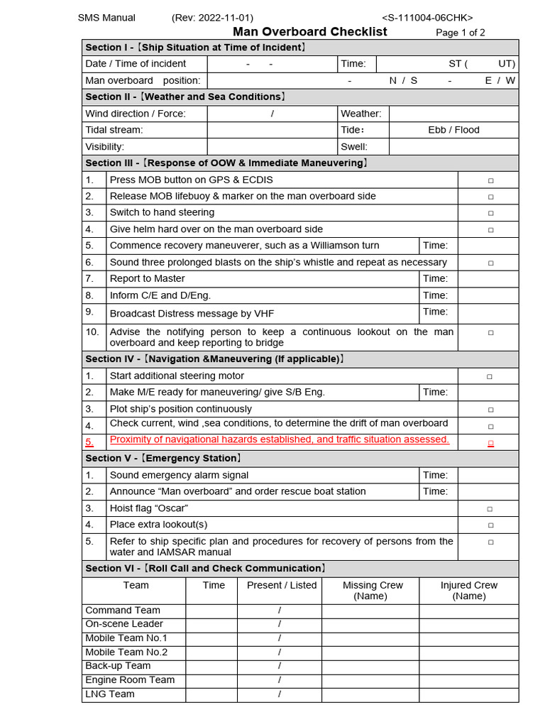 S-111004-06CHK Man Overboard Checklist | PDF