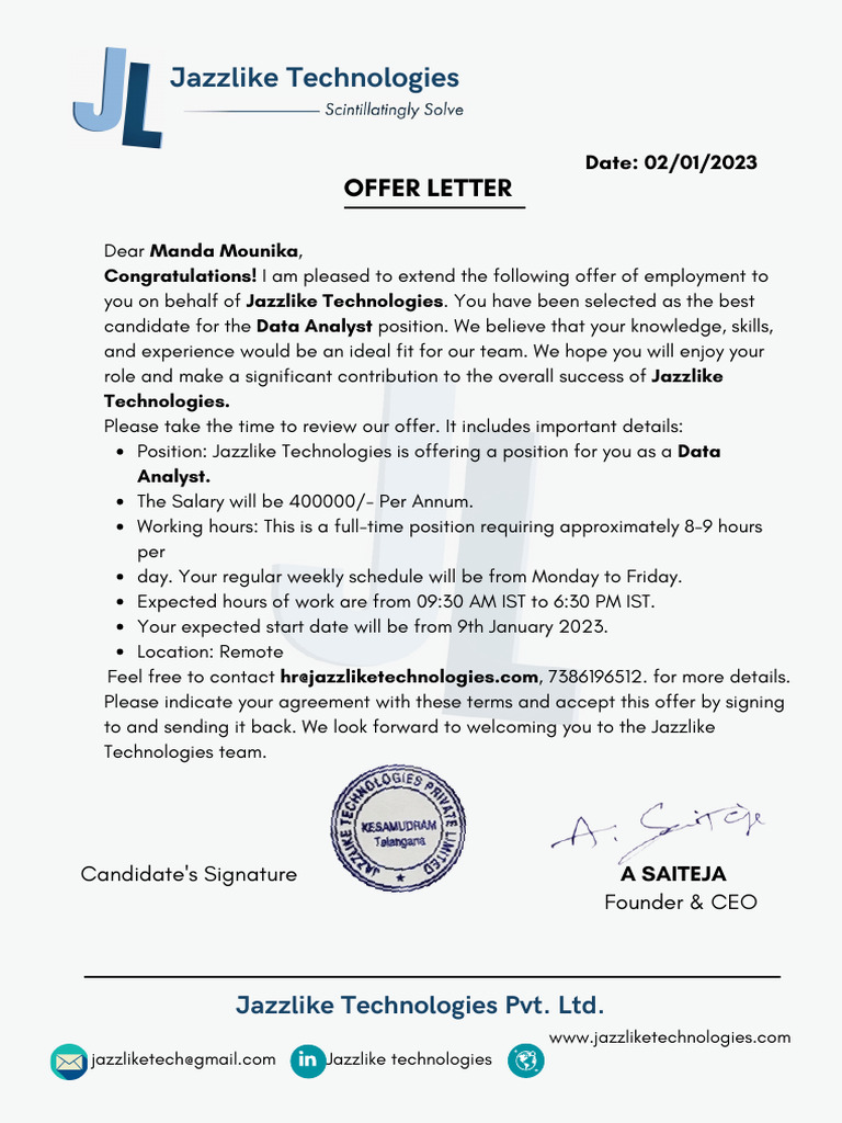 Mounika - Offer Letter PDF | PDF
