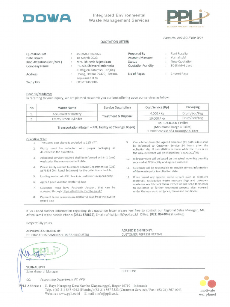 Quotation Battery & Freon Cylinder Disposal | PDF