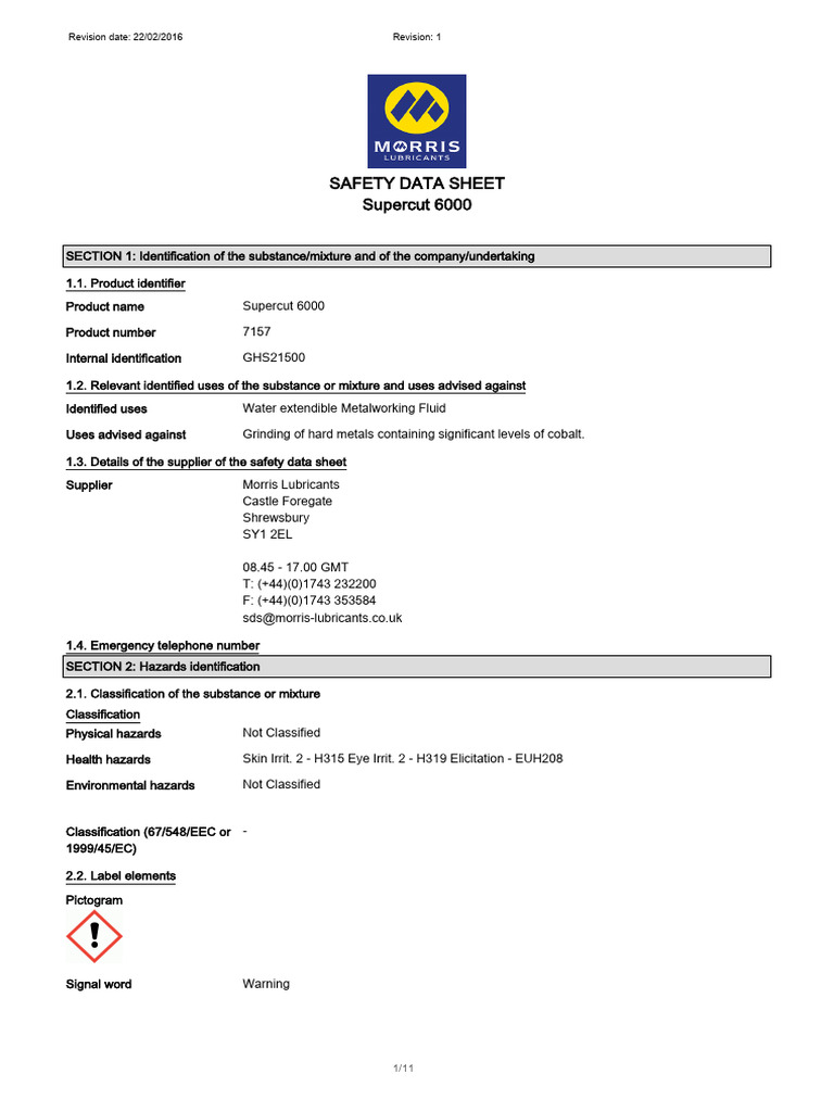 Safety Data Sheet Supercut 6000: Revision Date: 22/02/2016 Revision: 1 | PDF | Personal ...