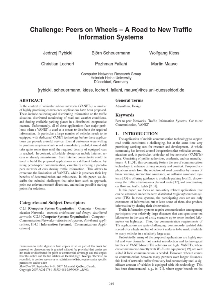 Challenge Peers On Wheels A Road To New Traffic Inf Pdf Peer To