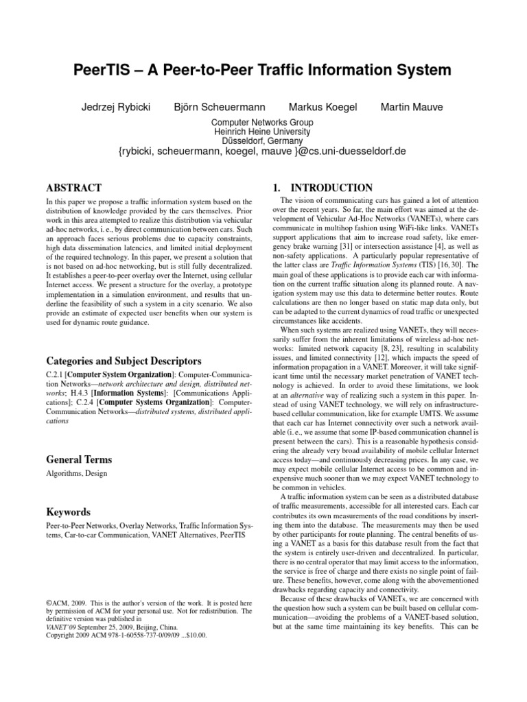 PeerTIS - A Peer-to-Peer Traffic Information System | PDF | Peer To Peer | Computer Network