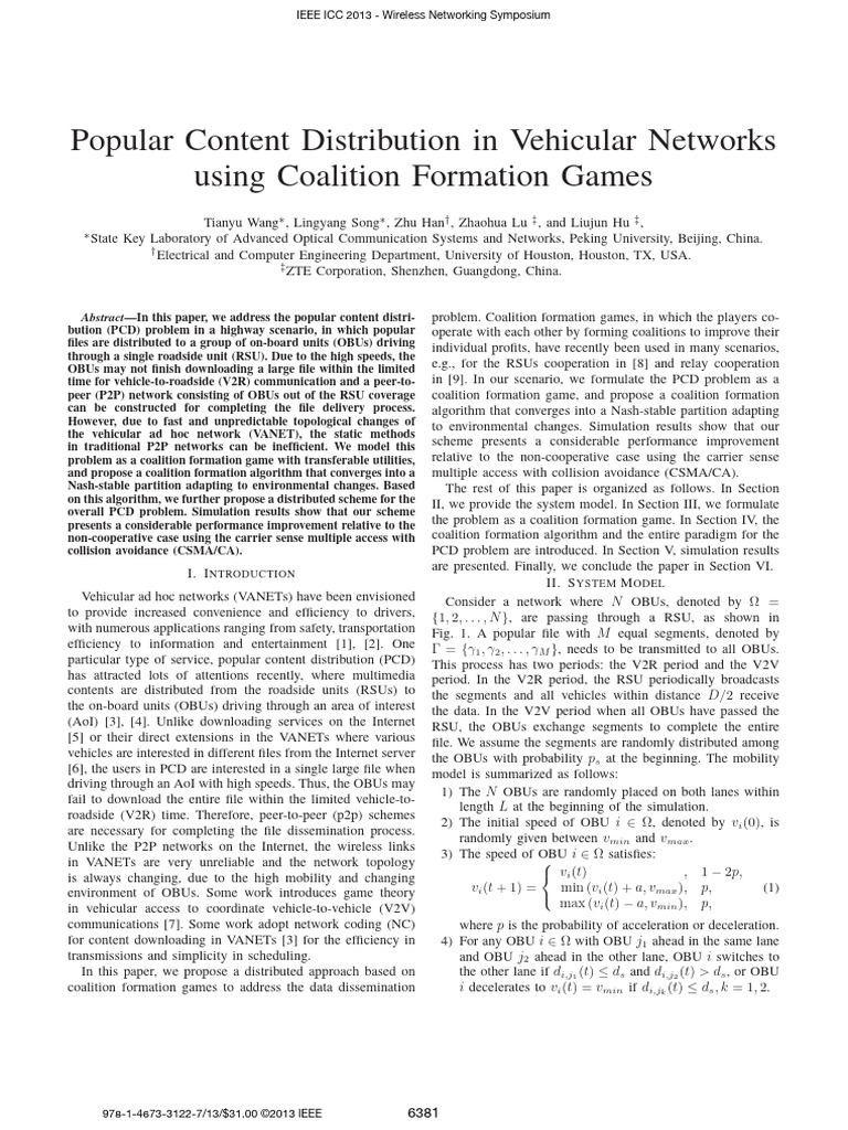 Popular Content Distribution in Vehicular Networks Using Coalition Formation Games | Download ...