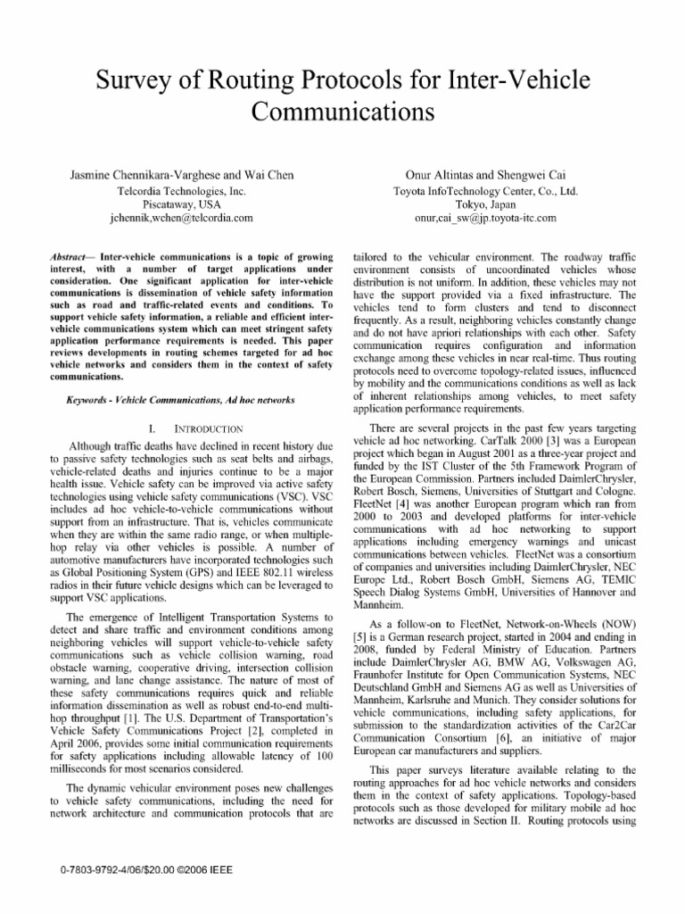 Survey Of Routing Protocols For Inter Vehicle Comm Pdf Routing Wireless Ad Hoc Network
