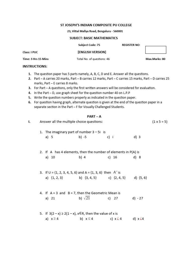 Basic Maths Question Paper 1st PU | PDF | Mathematical Objects | Mathematical Analysis