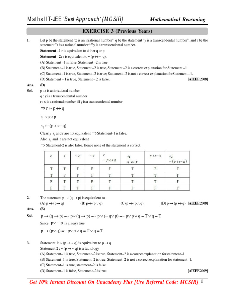 Ex 3 Sol. Mathematical Reas | PDF | Mathematics | Mathematical Logic