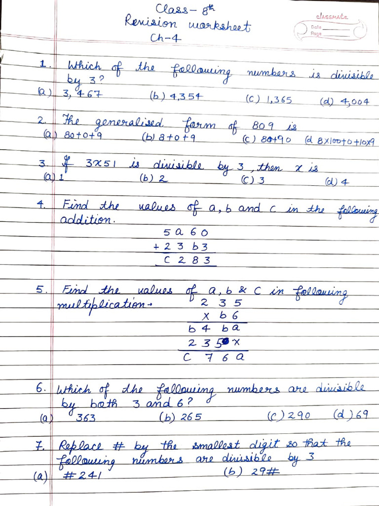 Class 8 Maths Revision Worksheet | PDF