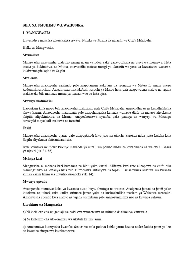 Sifa Na Umuhimu Wa Wahusika | PDF