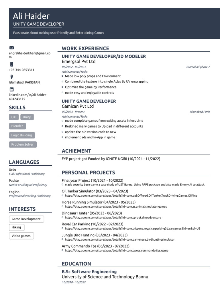 Ali's Resume | PDF | Unity (Game Engine) | Software Engineering