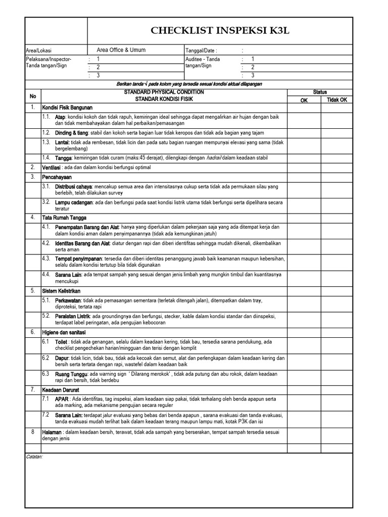 Checklist Inspeksi K3L Kantor dan Produksi | PDF