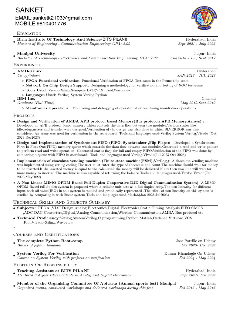 Resume Sanket Fresher F | PDF | Computer Science | Computer Engineering