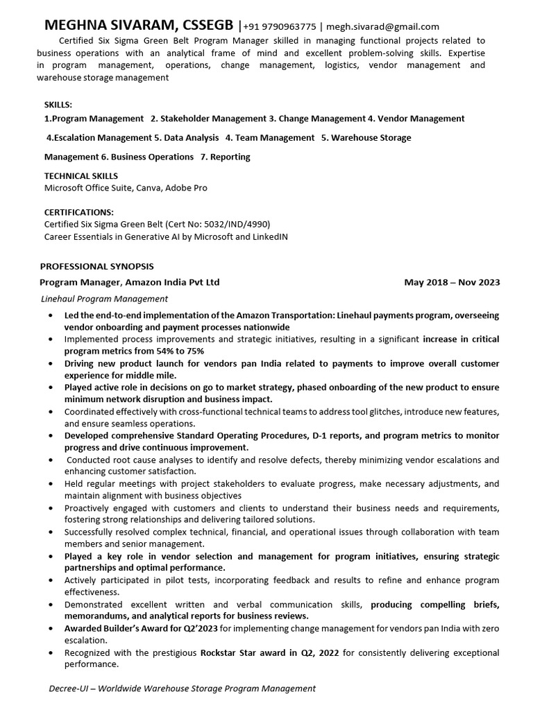 Meghna Sivaram Resume | PDF | Six Sigma | Warehouse Meghna Sivaram Resume | PDF | Six Sigma | Warehouse