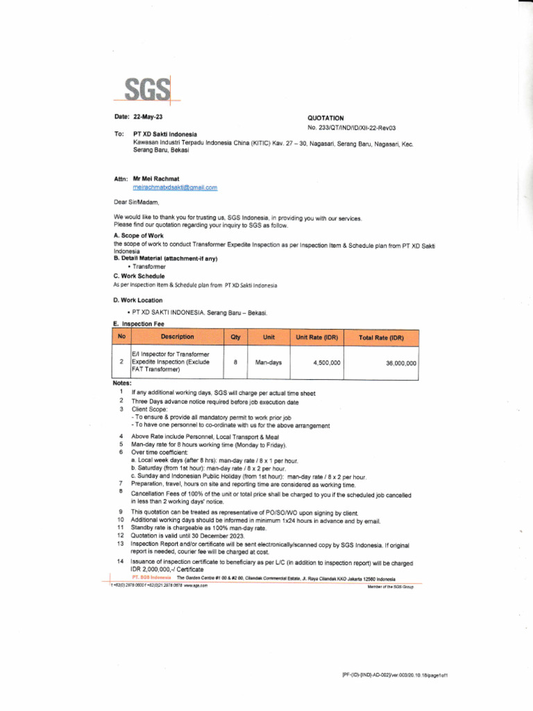 SIGNED - Quotation - Transformer Expedite Inspection - PT XD Sakti ...