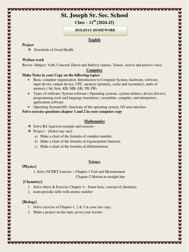 Class 11 Holiday Homework Assignments Pdf