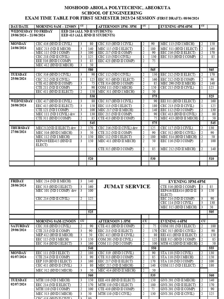 Engineering Exam Timetable 2023/24 | PDF | Technology & Engineering