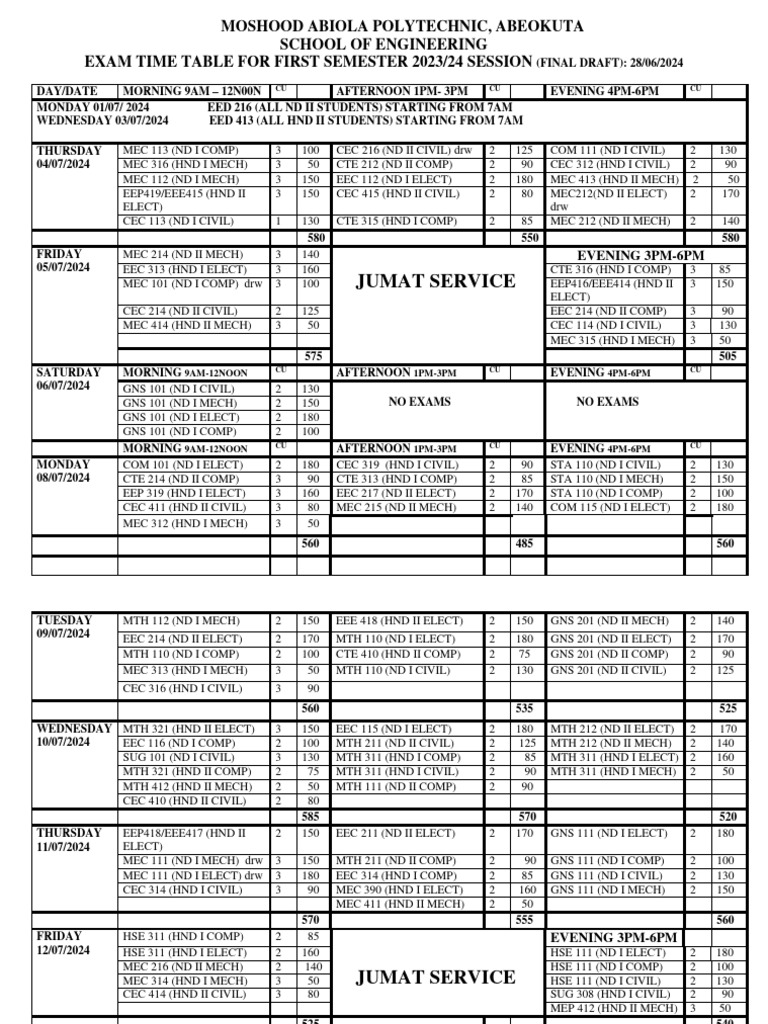 1ST Sem Timetable 20232024 | PDF