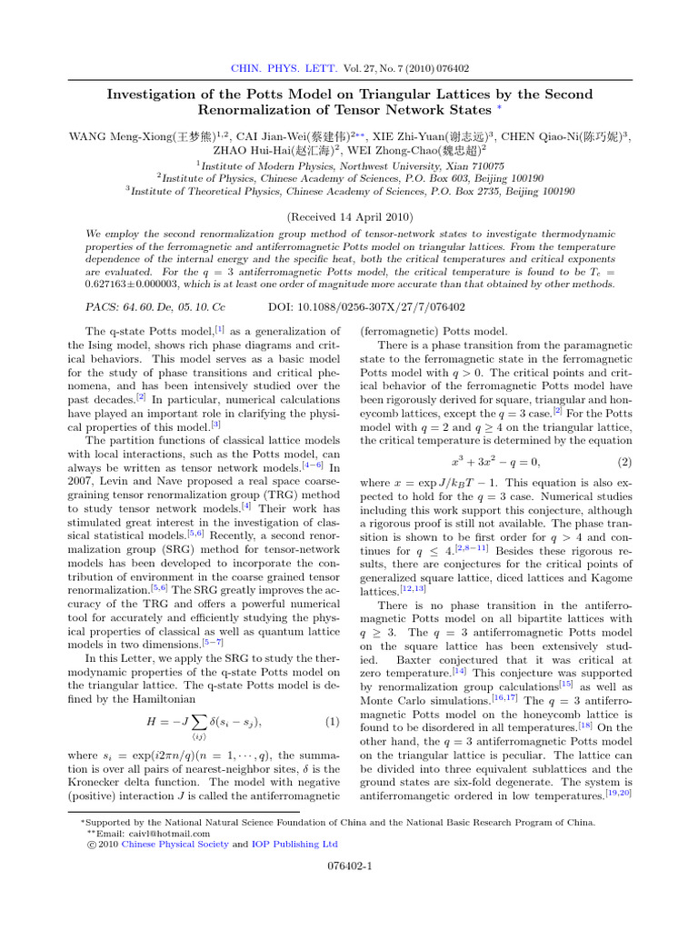 Investigation of The Potts Model On Triangular Lattices by The Second Renormalization of Tensor ...