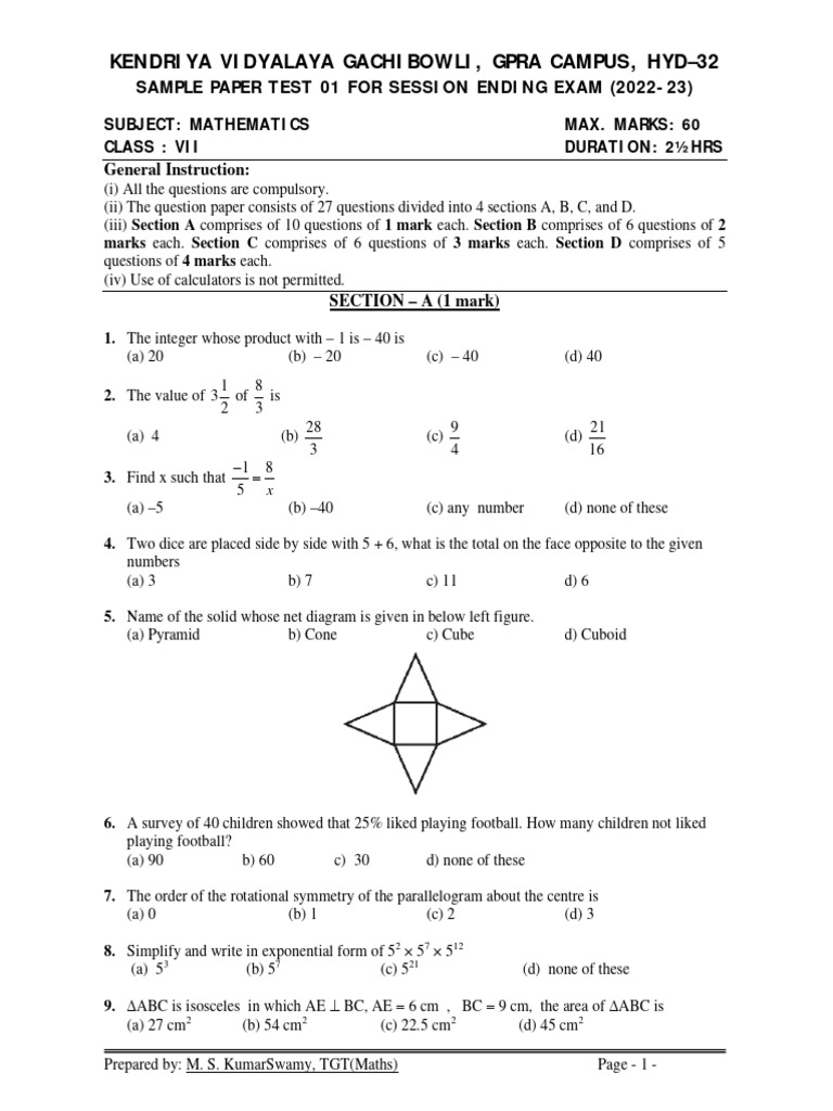 Maths Class VII Sample Paper Test 01 For See 2023 | PDF | Area | Length
