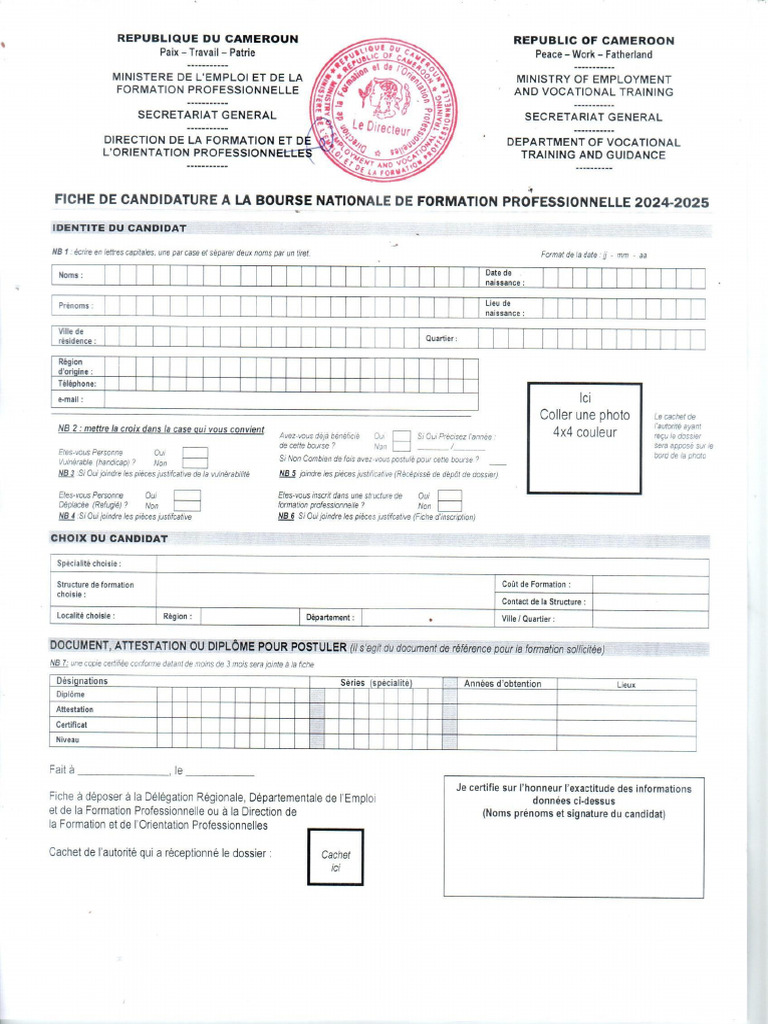 Fiche de Candidature Bourse Minefop | PDF