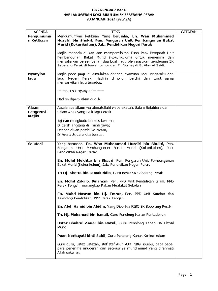 Teks MC Hari Anugerah Kokurikulum 2023&2024 | PDF