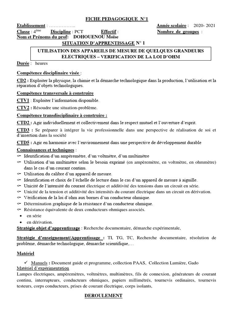 FICHE PROF 4ème Compilation | PDF | Tension électrique | Métaux