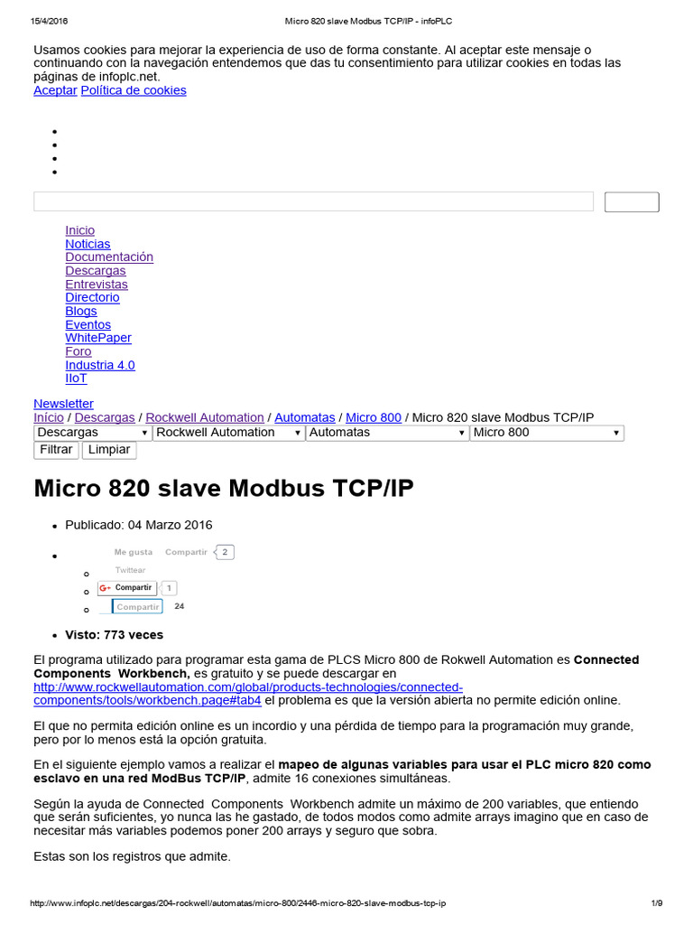 Micro 820 slave Modbus TCP_IP - infoPLC | PDF | Ingeniería Informática | Estándares de red
