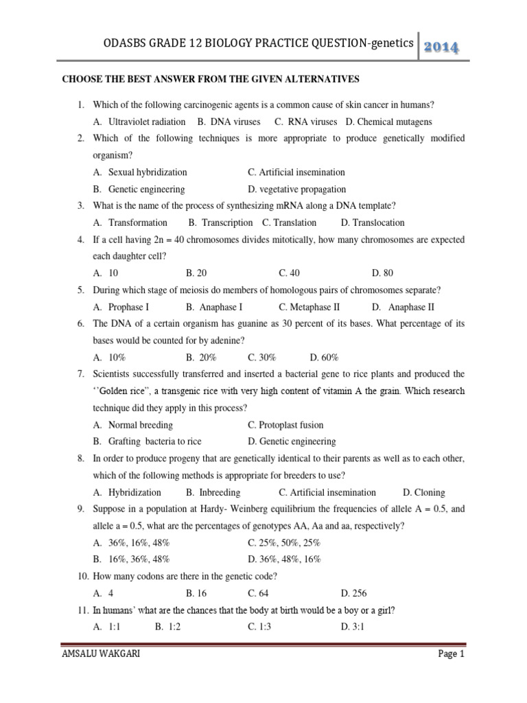 Genetics Worksheet For Grade 11 | PDF | Dominance (Genetics) | Genetics