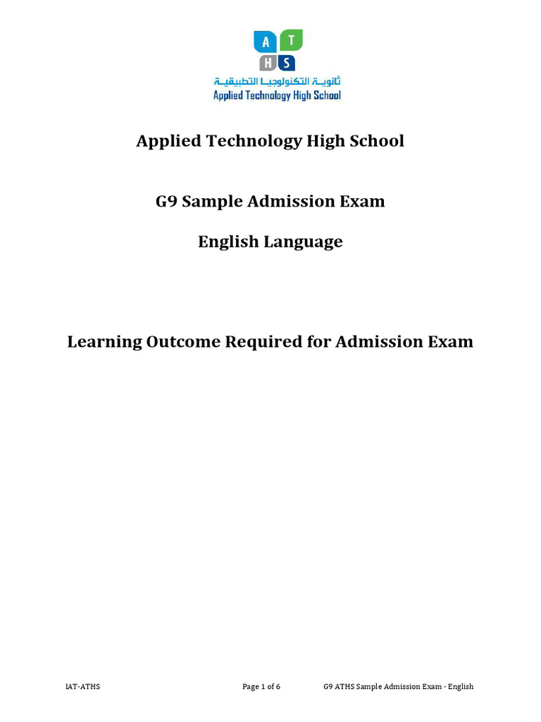 ATHS Sample Admission Exam G9 English | PDF | English Language | Verb