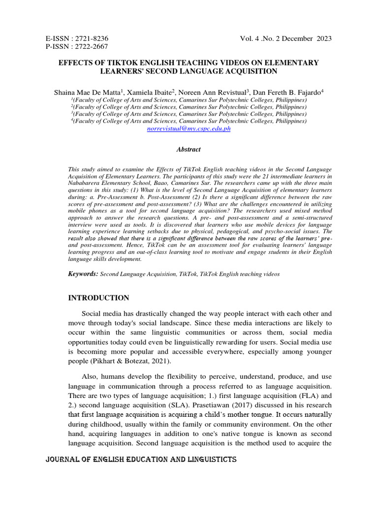 Effects of TikTok English Teaching Videos On Elementary Learners SLA | PDF | Second Language ...