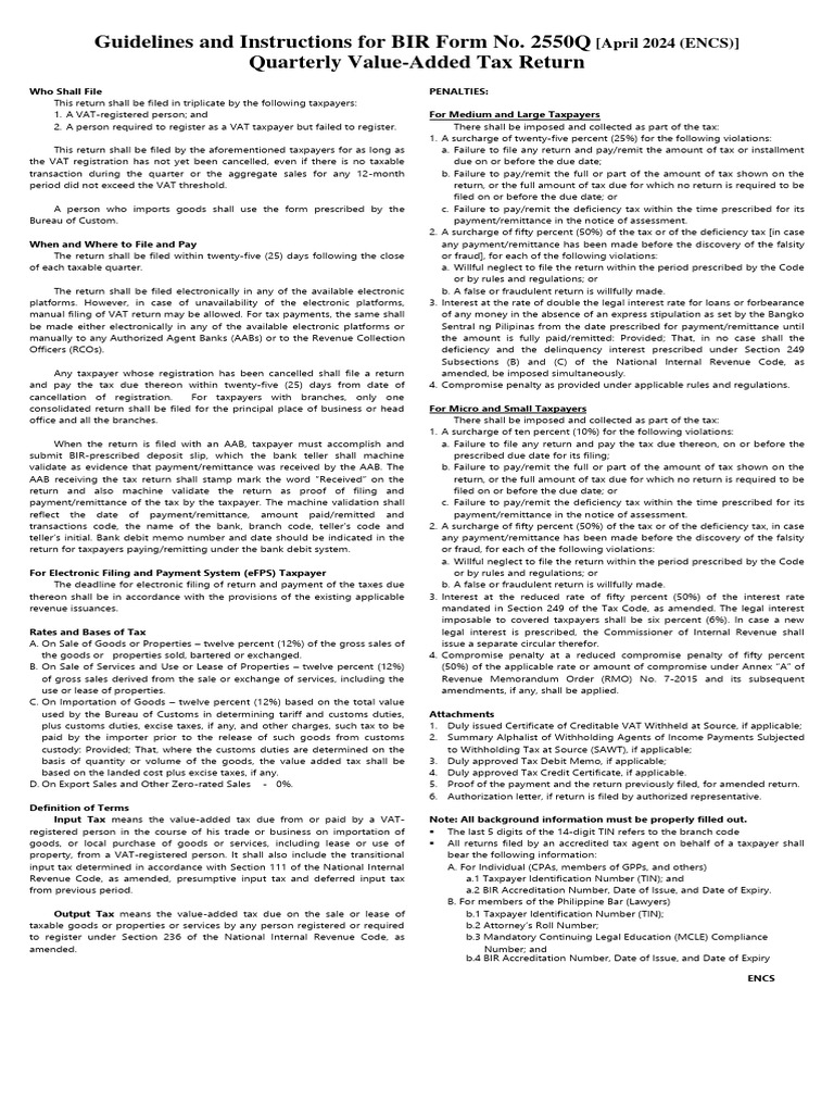 BIR Form 2550Q Guidelines April 2024 | PDF | Value Added Tax | Taxes