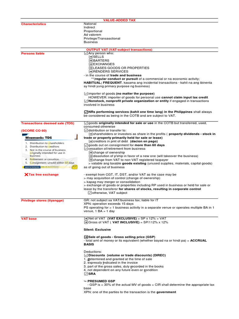 Tax Notes - Vat-Subject | PDF | Value Added Tax | Taxes