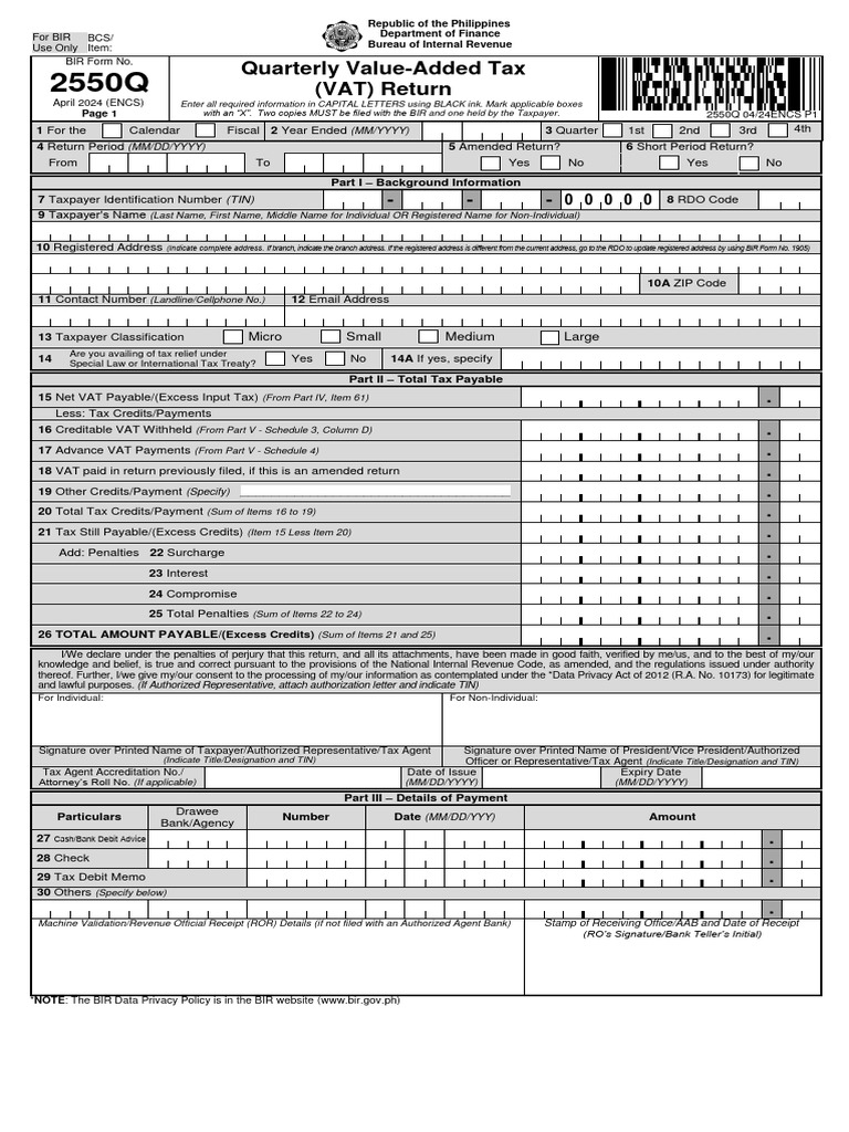 2024 BIR Form 2550Q VAT Return | PDF | Value Added Tax | Taxes