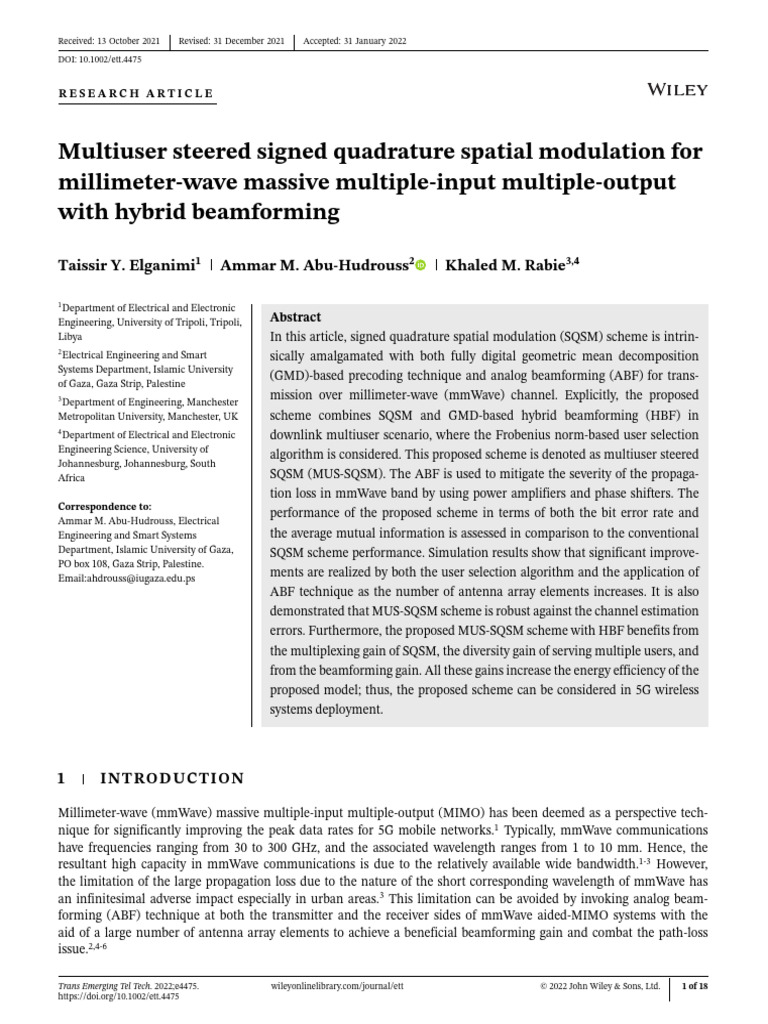 Multiuser Steered Signed Quadrature Spatial Modulation | PDF | Mimo | Matrix (Mathematics)