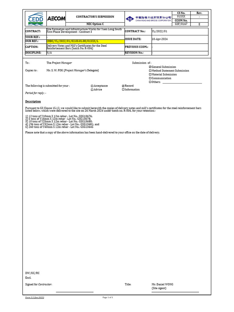 01xxxL - GSF0167E Delivery Notes and Mill's Certificates for Steel ...
