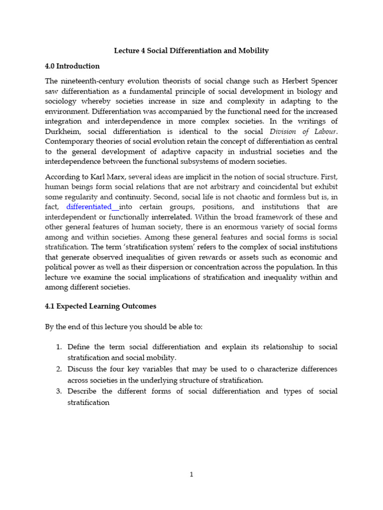 Lecture 4 Social Differentiation And Mobility Pdf Social