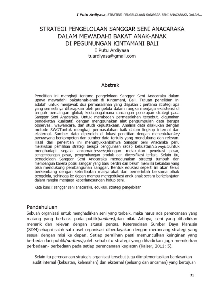 Strategi Pengelolaan Sanggar Seni Anacaraka | PDF