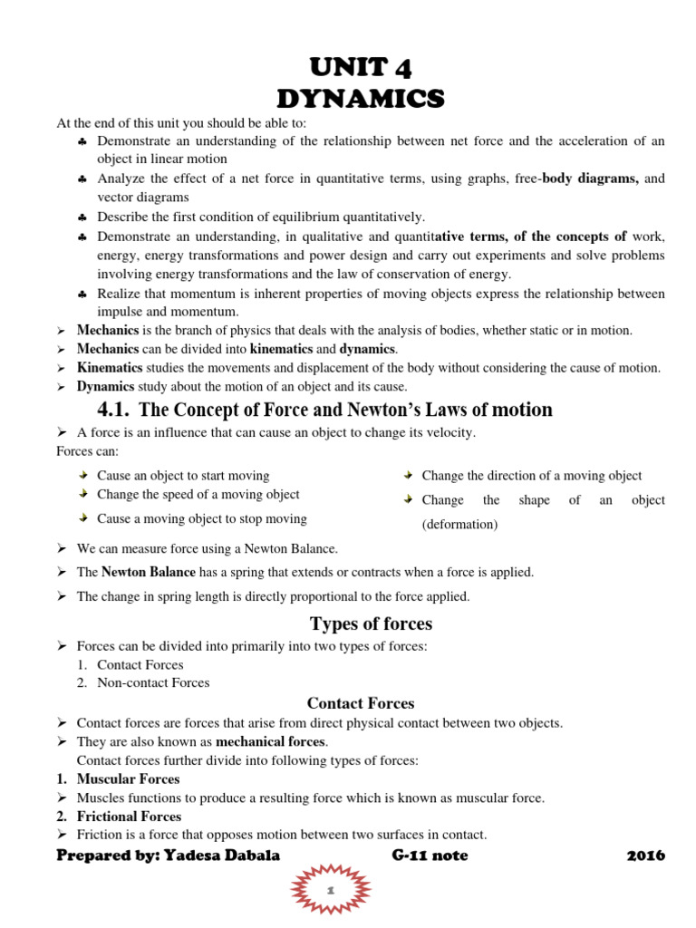 Physics G-11 Unit 4 Note | PDF | Force | Weight